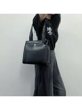CHANEL | Bags | Chanel Cc Logo Tote Shoulder Bag Caviar Leather Black ...